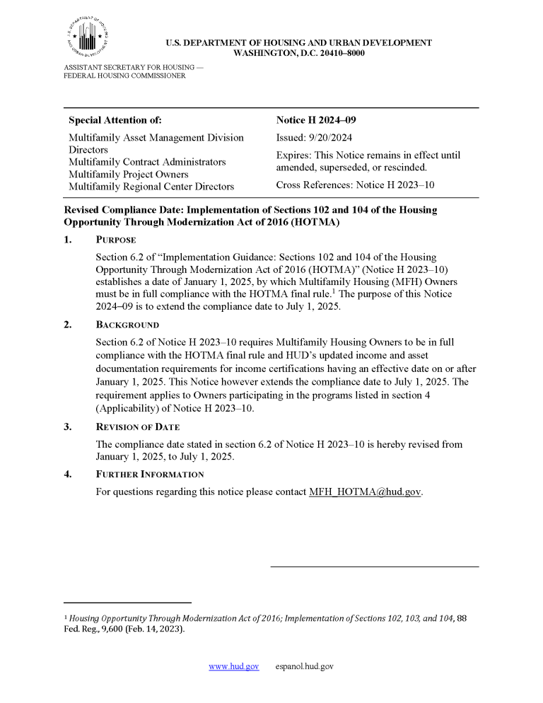 HOTMA Compliance Deadline Extension for Multifamily Housing