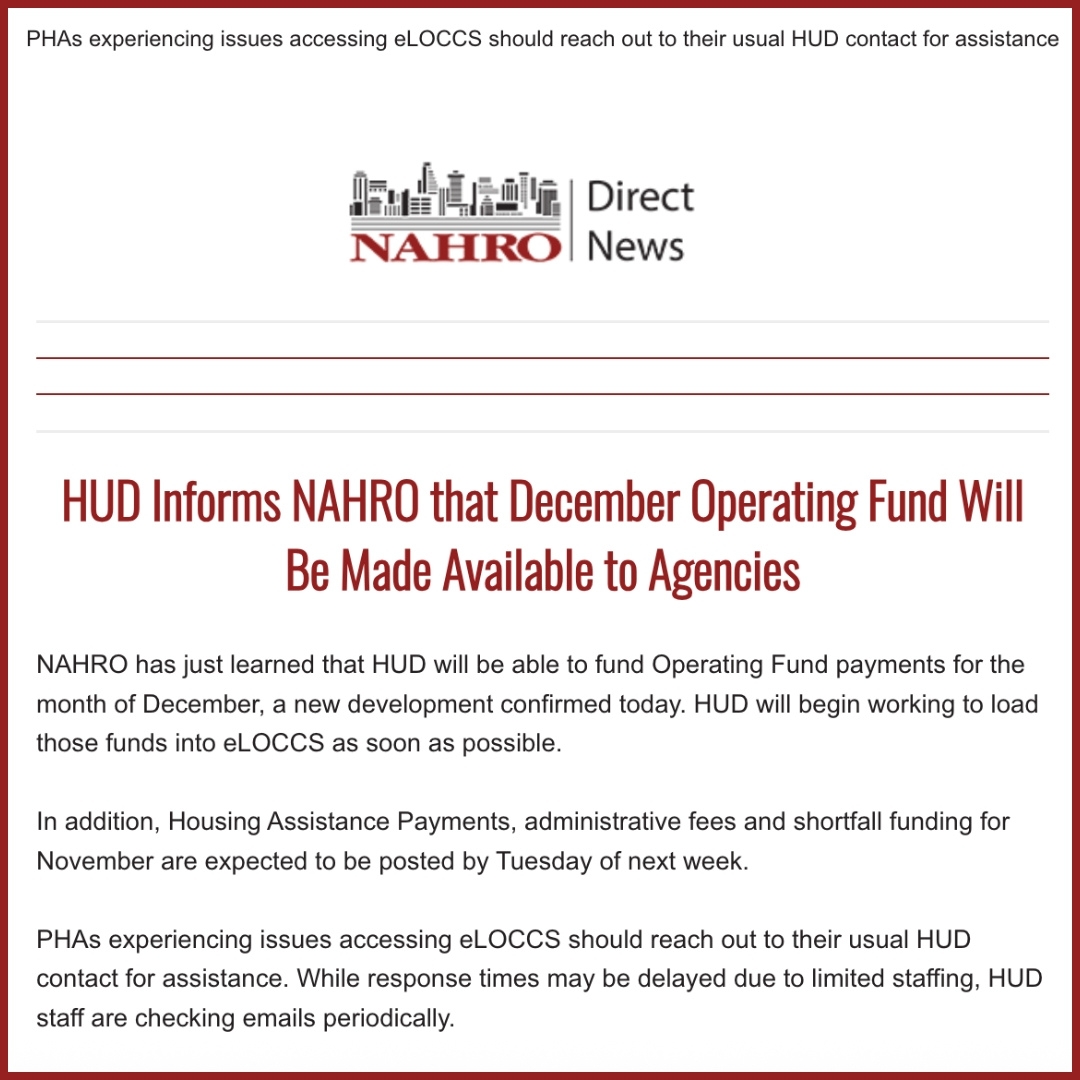 HUD December Operating Fund Payments Will Be Made Available